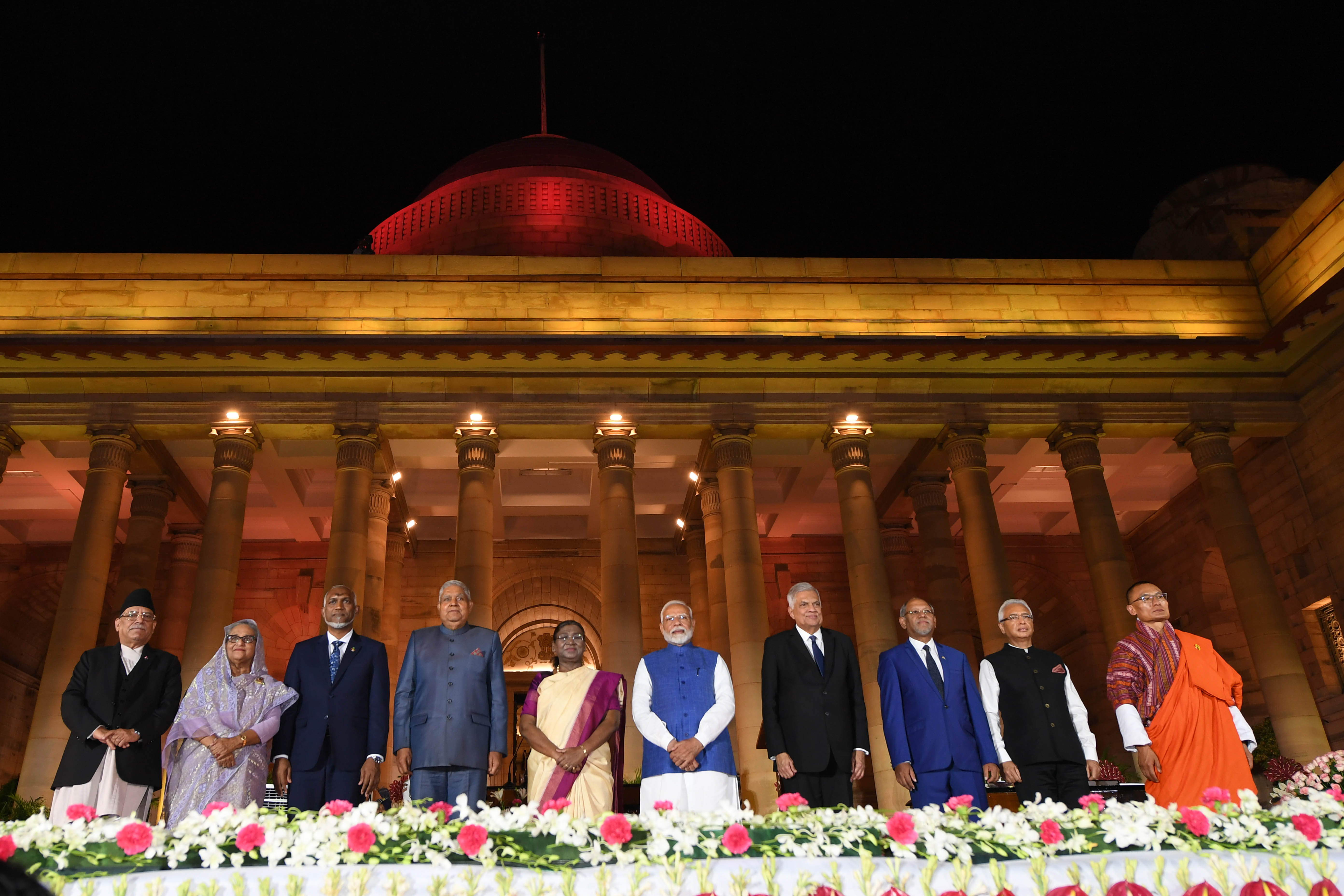 Leaders of Sri Lanka, the Maldives, Seychelles, Bangladesh, Mauritius, Nepal, and Bhutan with ...